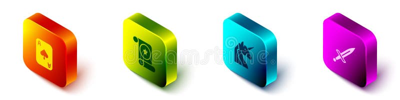 Set Isometric Playing Cards, Magic Scroll, Unicorn and Dagger Icon ...