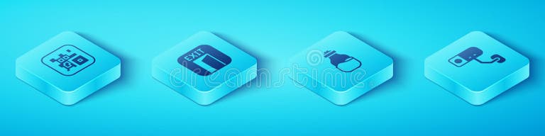 Set Isometric QR Code, Fire Exit, Security Camera and Spice in Can Icon ...