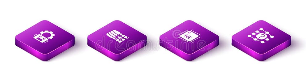 Set Isometric Robot Setting Binary Code Processor Cpu And Neural Network Icon Vector Stock