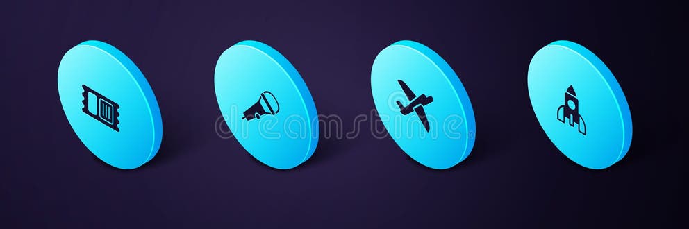 Set Isometric Rocket Ship Toy, Toy Plane, Microphone and Circus Ticket ...