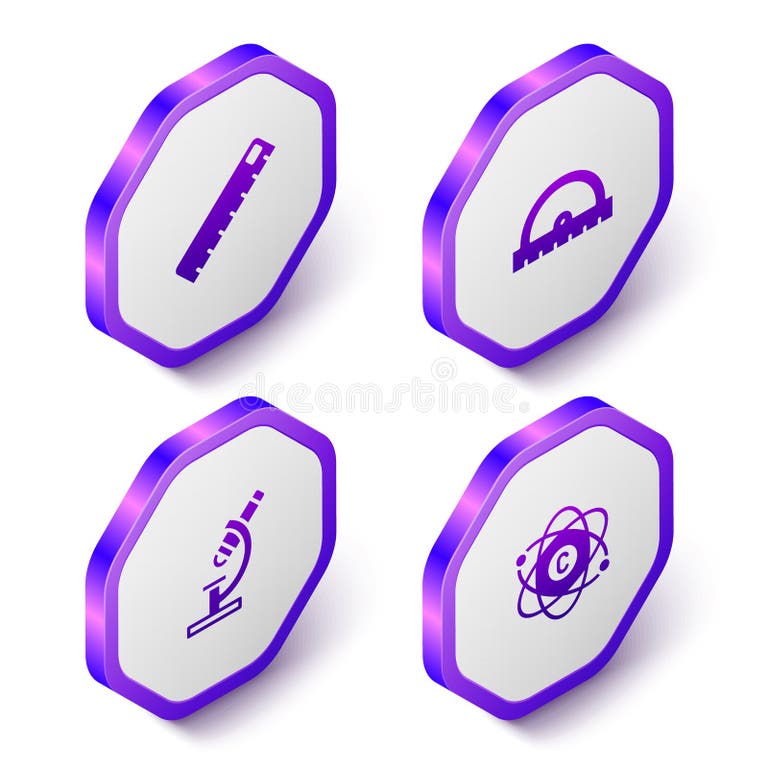 Set Isometric Ruler, Protractor Grid, Microscope and Atom Icon. Purple ...