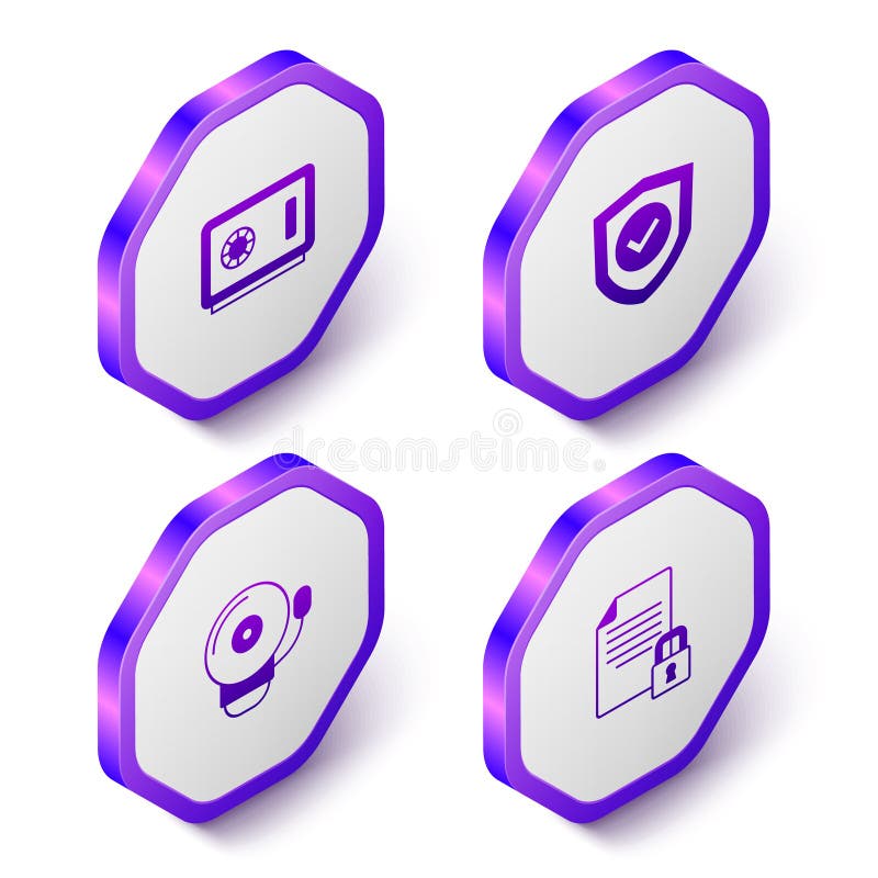 Set Isometric Safe, Shield with Check Mark, Ringing Alarm Bell and ...