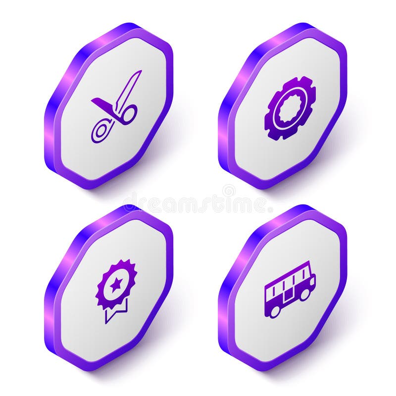 Set Isometric Scissors, Gear, Medal with Star and School Bus Icon ... Set Isometric Scissors, Gear, Medal with Star and School Bus Icon ...