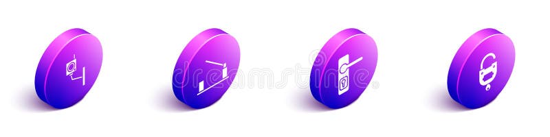 Set Isometric Security Camera, Parking Car Barrier, Door Handle and ...