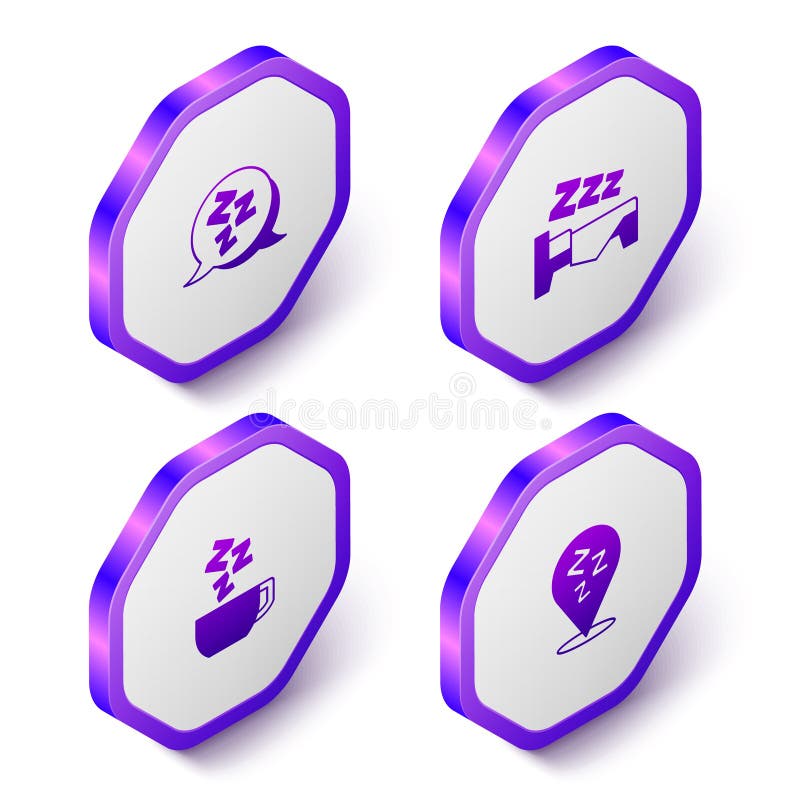 Set Isometric Sleepy, Time To Sleep, Chamomile Tea and Icon. Purple ...