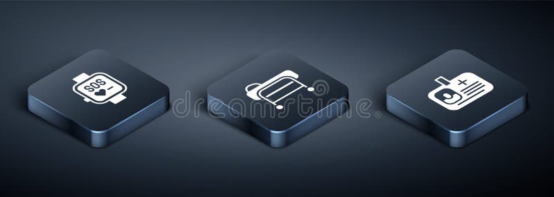 Set Isometric Smart Watch, Identification Badge and Stretcher Icon ...