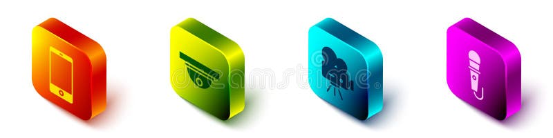 Set Isometric Smartphone, Mobile Phone, Motion Sensor, Retro Cinema ...