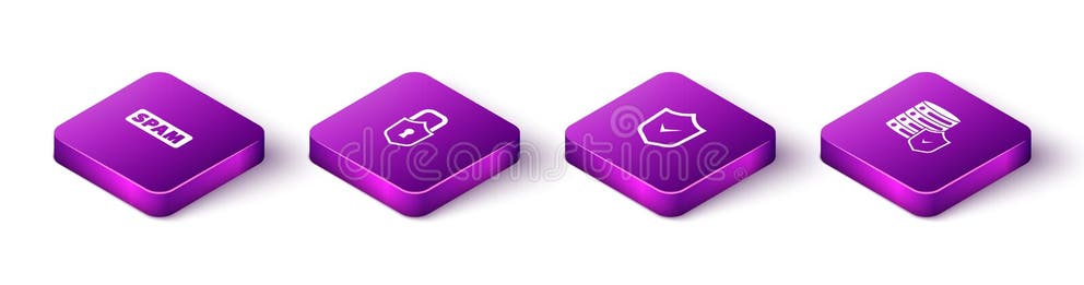 Set Isometric Spam, Lock, Shield with Check Mark and Server Shield Icon ...