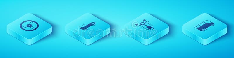 Set Isometric Steering Wheel, Car, Bus and Scooter Icon. Vector Stock ...