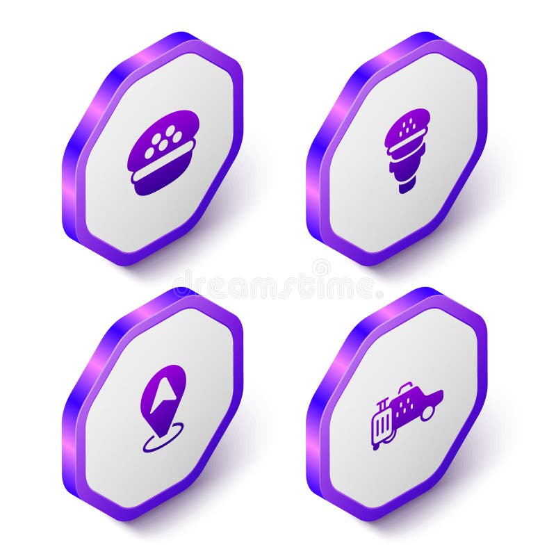 Set Isometric Taxi Driver Cap, Location Taxi Car and Icon. Purple ...