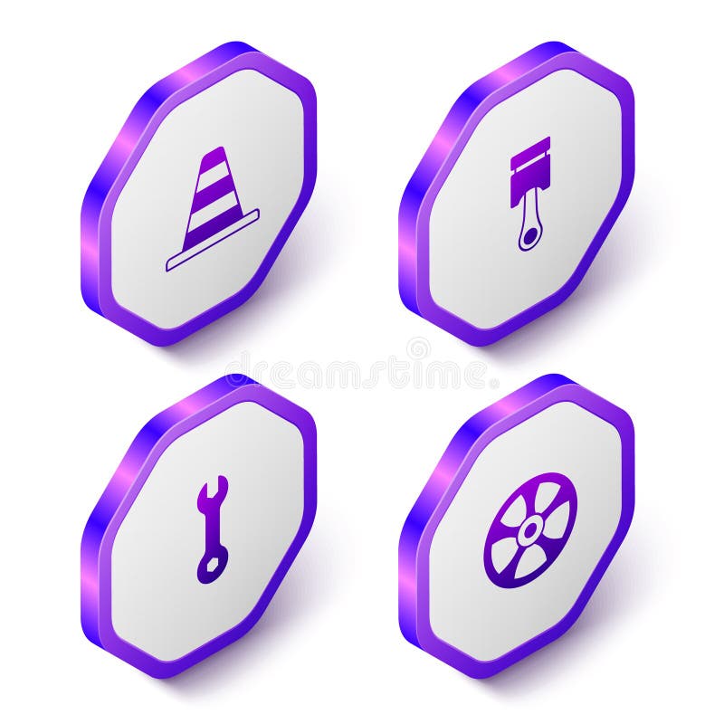 Set Isometric Traffic Cone, Engine Piston, Wrench Spanner and Alloy ... Set Isometric Traffic Cone, Engine Piston, Wrench Spanner and Alloy ...