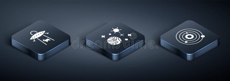 Set Isometric UFO Abducts Cow, Solar System and Space and Planet Icon ...