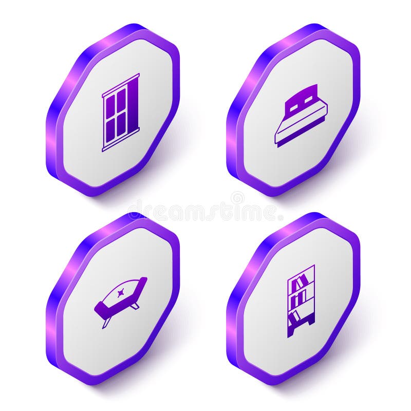 Set Isometric Wardrobe, Big Bed, Sofa and Library Bookshelf Icon ...