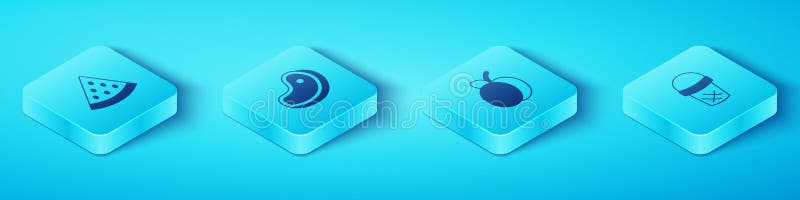 Set Isometric Watermelon, Steak Meat, Ice Cream in Waffle and Plum ...