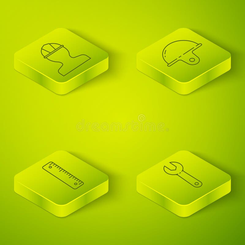 Set Isometric Worker Safety Helmet, Ruler, Wrench Spanner and Worker ...
