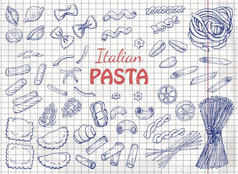 Set of Italian Pasta on Paper Stock Vector - Illustration of cook, food ...