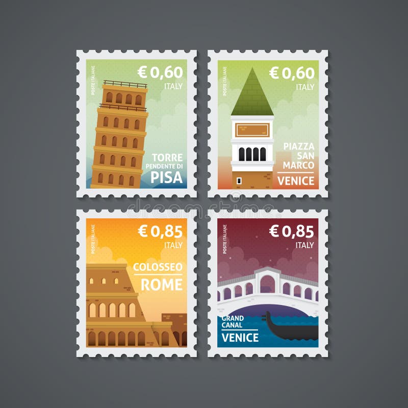 Set of Italy Postage Stamps. Stock Vector - Illustration of city ...