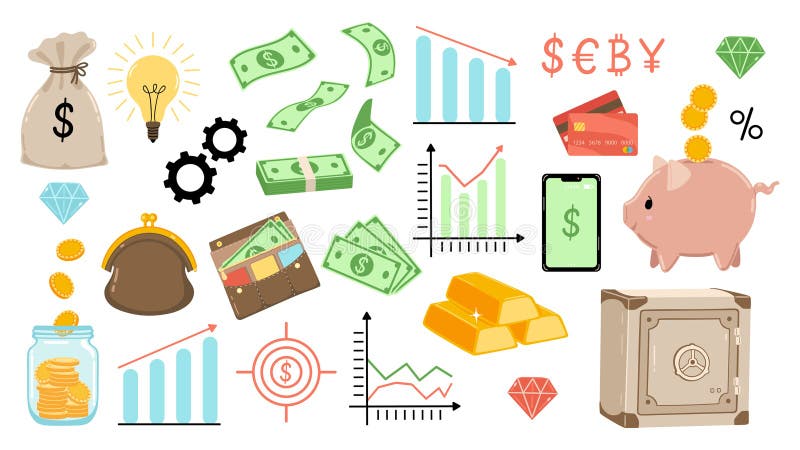 Set of Items and Elements Related To Money and Banking. Vector Graphics ...