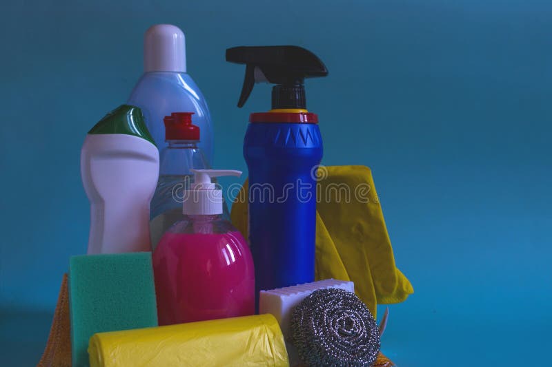A Set of Items for Maintaining Cleanliness and Cleaning on a Blue ...