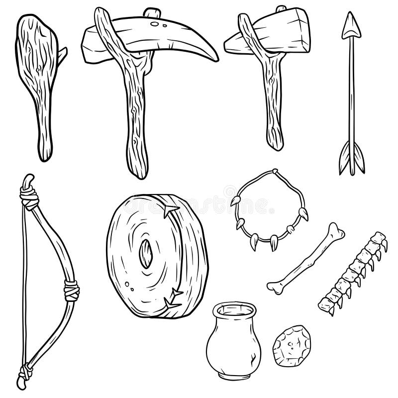 Set of Items of Primitive Man and Hunter Stock Illustration ...