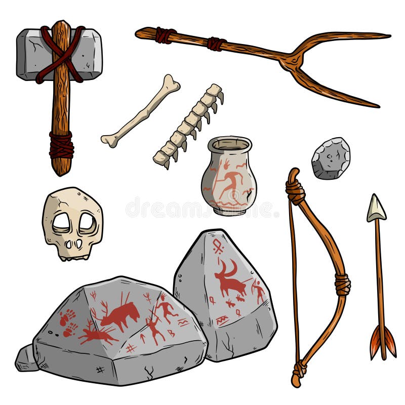 Set of Items of Primitive Man and Hunter. Weapons of Caveman. Lifestyle ...