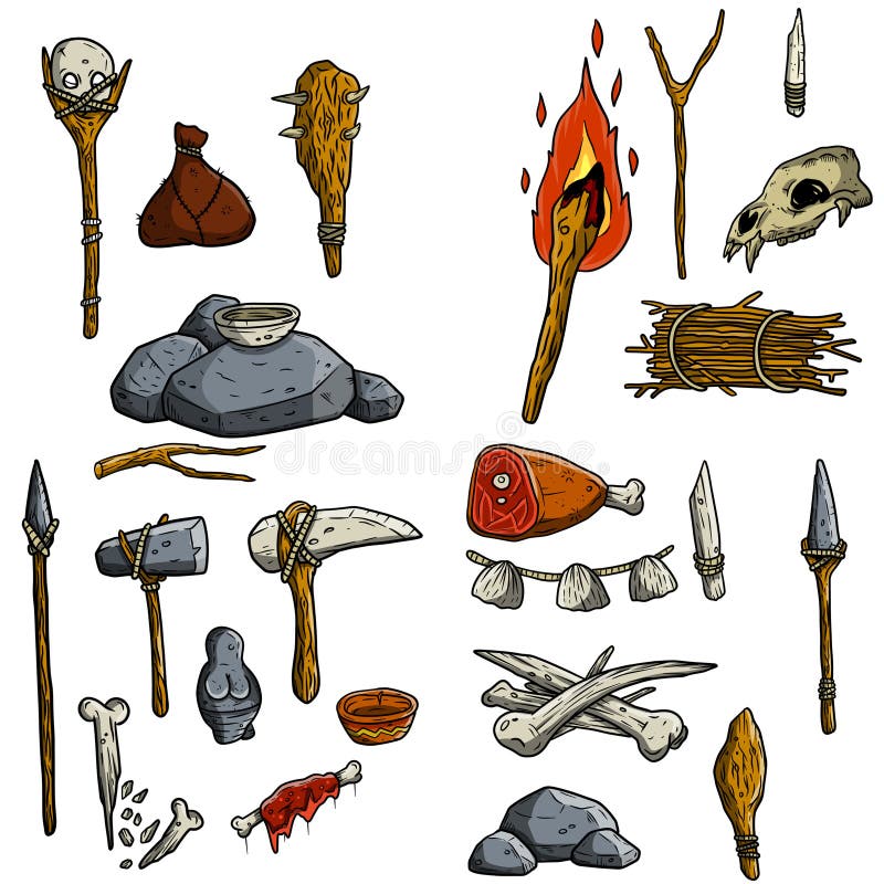 Set of Items of Primitive Man and Hunter Stock Vector - Illustration of ...