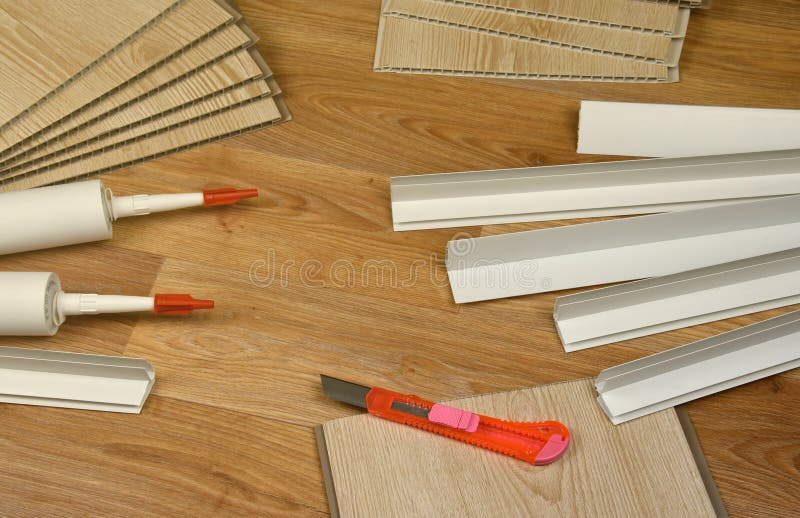 Set of Items for PVC Ceiling Indoor Works. Assembly Adhesive Bottles ...