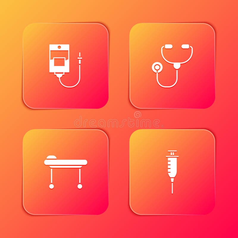Set IV Bag, Stethoscope, Stretcher and Syringe Icon. Vector Stock ...