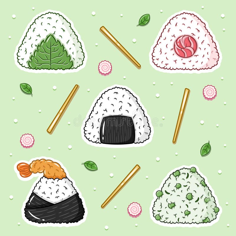 Set of Japanese Onigiri Rice Cute Drawing Stickers Stock Vector ...