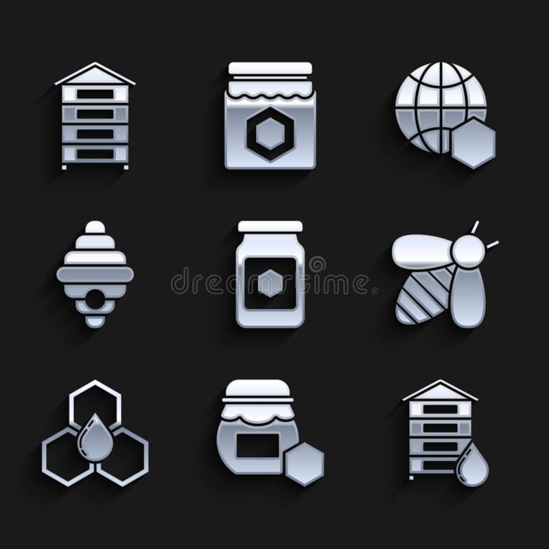 Set Jar of Honey, Hive for Bees, Bee, Honeycomb, Map the World and Icon ...