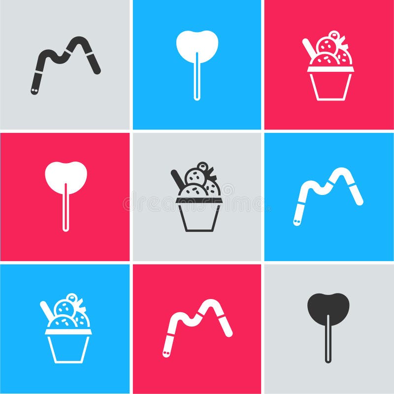 Set Jelly Worms Candy, Lollipop and Ice Cream in Bowl Icon. Vector ...