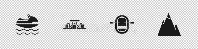 Set Jet Ski, Formula 1 Racing Car, Rafting Boat and Mountains Icon ...