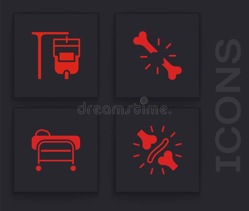 Set Joint Pain, Knee Pain, IV Bag, Human Broken Bone and Stretcher Icon ...