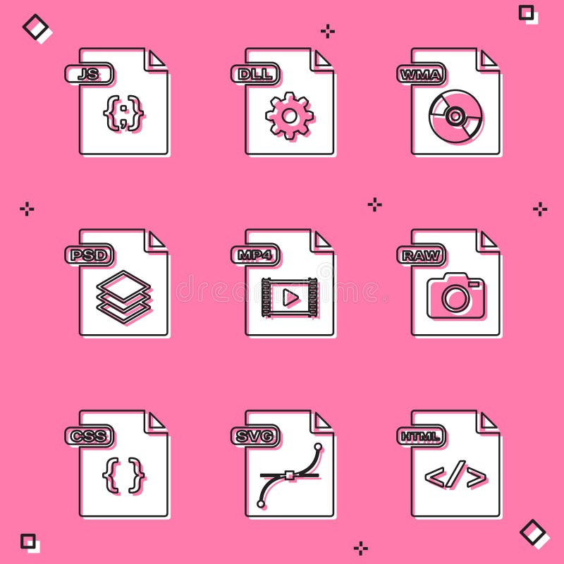 Set JS File Document, DLL, WMA, PSD, MP4, RAW, CSS and SVG Icon. Vector ... Set JS File Document, DLL, WMA, PSD, MP4, RAW, CSS and SVG Icon. Vector ...