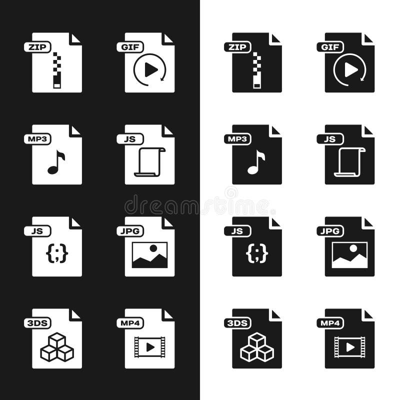 Set JS File Document, MP3, ZIP, GIF, JPG, MP4 and 3DS Icon. Vector ... Set JS File Document, MP3, ZIP, GIF, JPG, MP4 and 3DS Icon. Vector ...