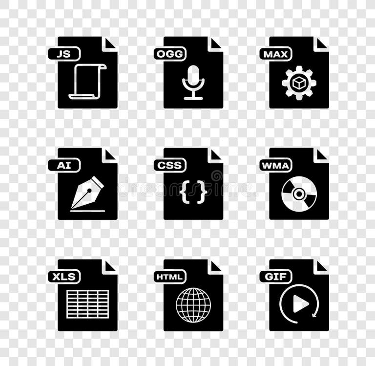 Set JS File Document, OGG, MAX, XLS, HTML, GIF, AI and CSS Icon. Vector Stock Vector ...