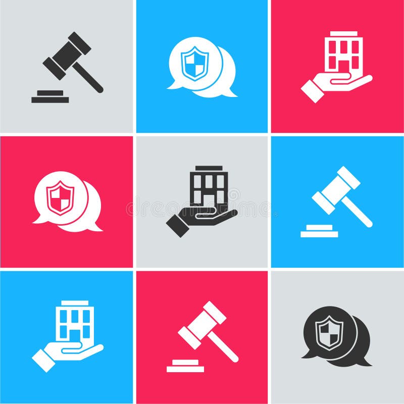 Set Judge Gavel, Location Shield and House in Hand Icon. Vector Stock ... Set Judge Gavel, Location Shield and House in Hand Icon. Vector Stock ...