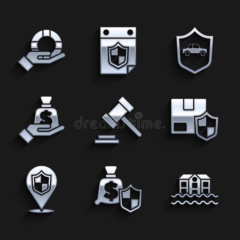 Set Judge Gavel, Money with Shield, House Flood, Delivery Security ... Set Judge Gavel, Money with Shield, House Flood, Delivery Security ...