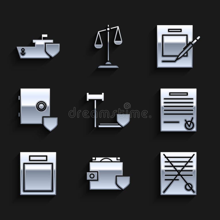 Set Judge Gavel with Shield, Wallet and Money, Delete File Document ...