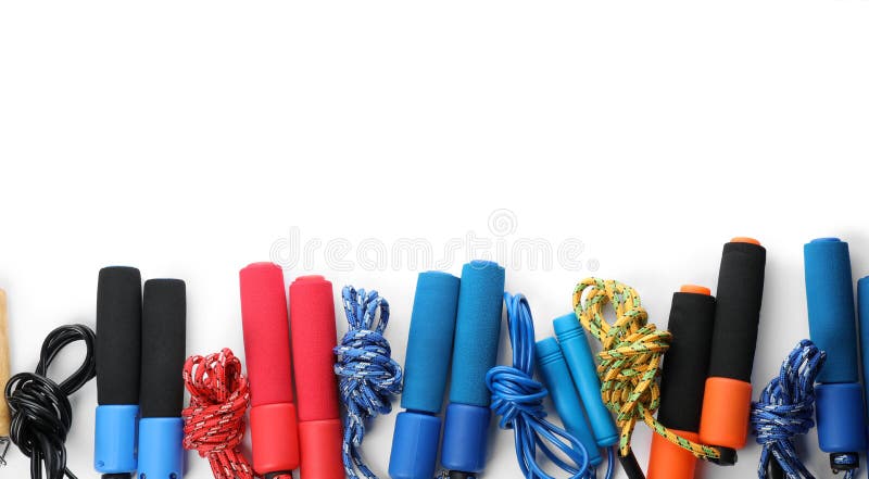 Set of Jump Ropes on White Background, Top View Stock Photo - Image of ...