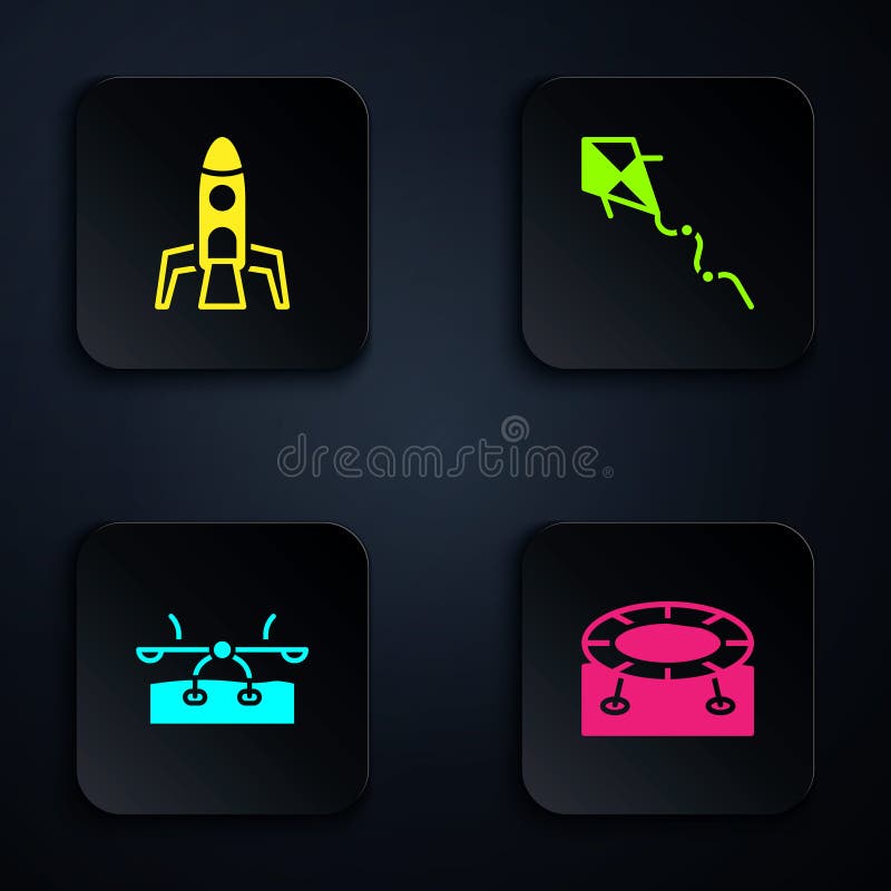 Set Jumping Trampoline, Rocket Ship, Seesaw and Kite. Black Square ...