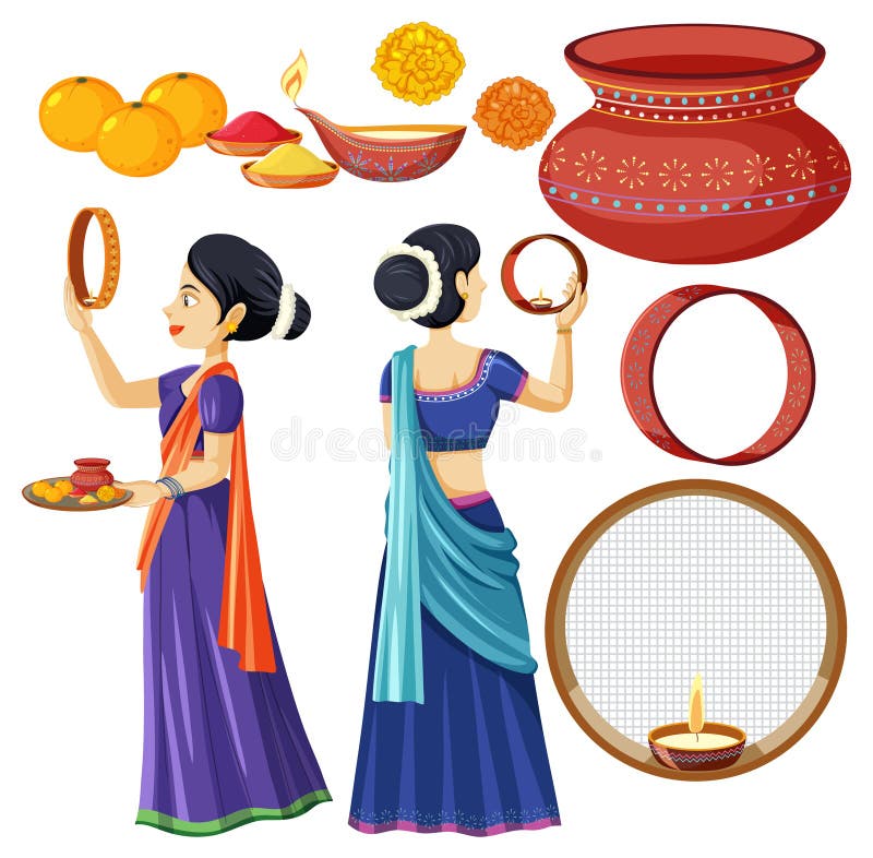 Set of Karva Chauth Element Cartoon Stock Vector - Illustration of ...