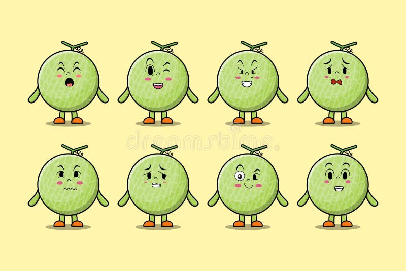 Set Kawaii Melon Cartoon Character Expressions Stock Vector ...