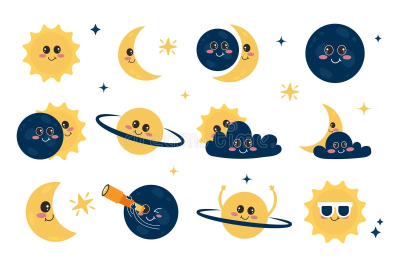 Set of Kawaii Solar Eclipse Elements in Flat Cartoon Style Stock Vector ...