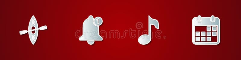 Set Kayak and Paddle, Bell, Music Note, Tone and Calendar Icon. Vector ...