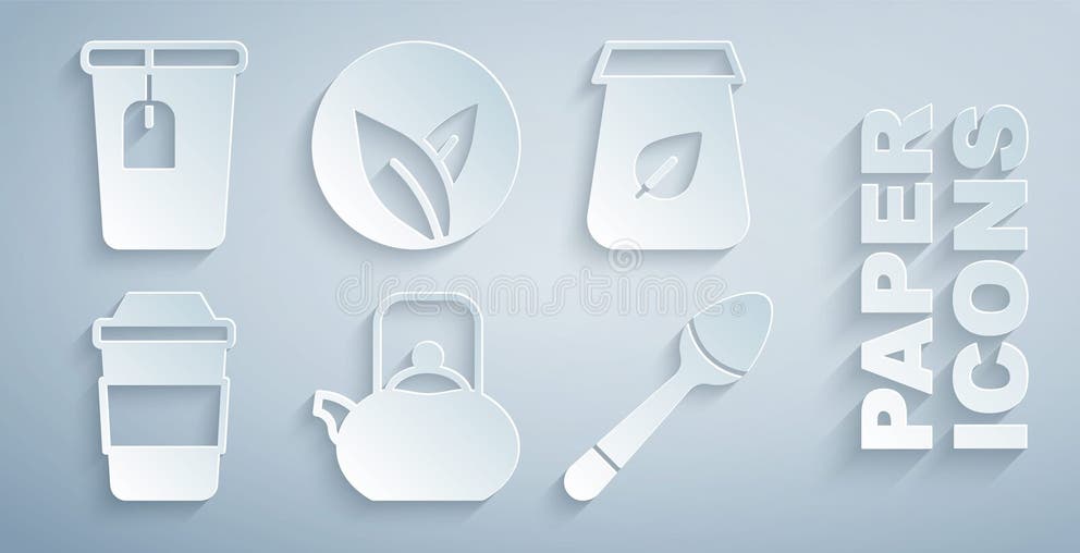 Set Kettle with Handle, Tea Packaging, Cup of Tea, Teaspoon, Leaf and ...