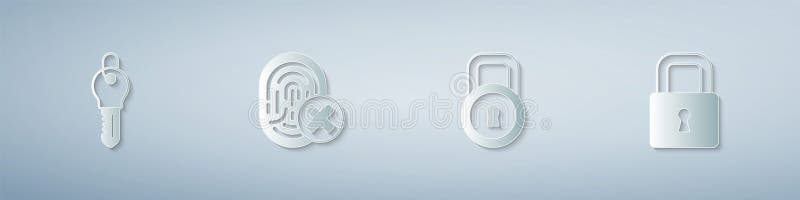 Set Key, Cancelled Fingerprint, Lock and . Paper Art Style. Vector ...