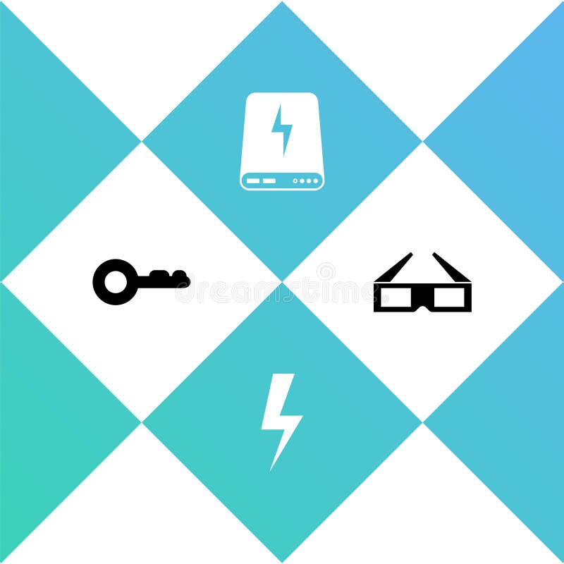 Set Key, Lightning Bolt, Power Bank and 3D Cinema Glasses Icon. Vector ...