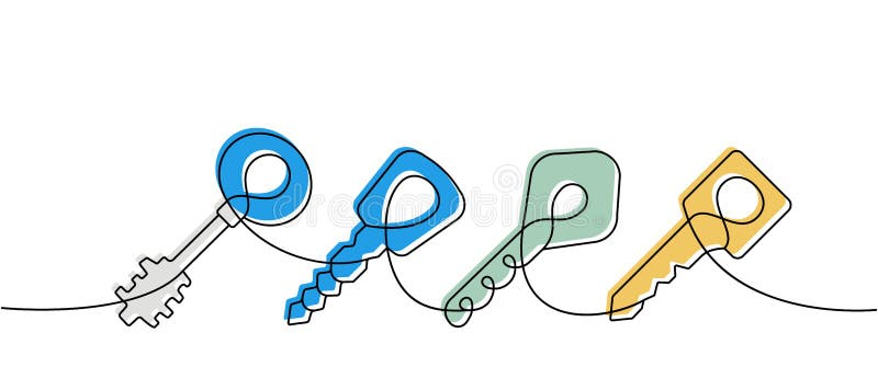 Set of Key One Line Colored Continuous Drawing. Home Key Continuous One ...