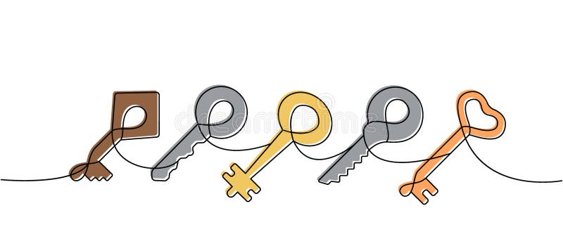 Set of Key One Line Colored Continuous Drawing. Home Key Continuous One ...